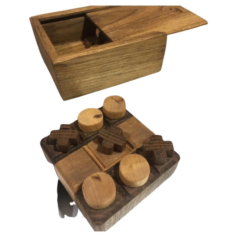 Tic-tac-toe game in a box. Oak material. 11x13 handmade For Sale at 1stDibs