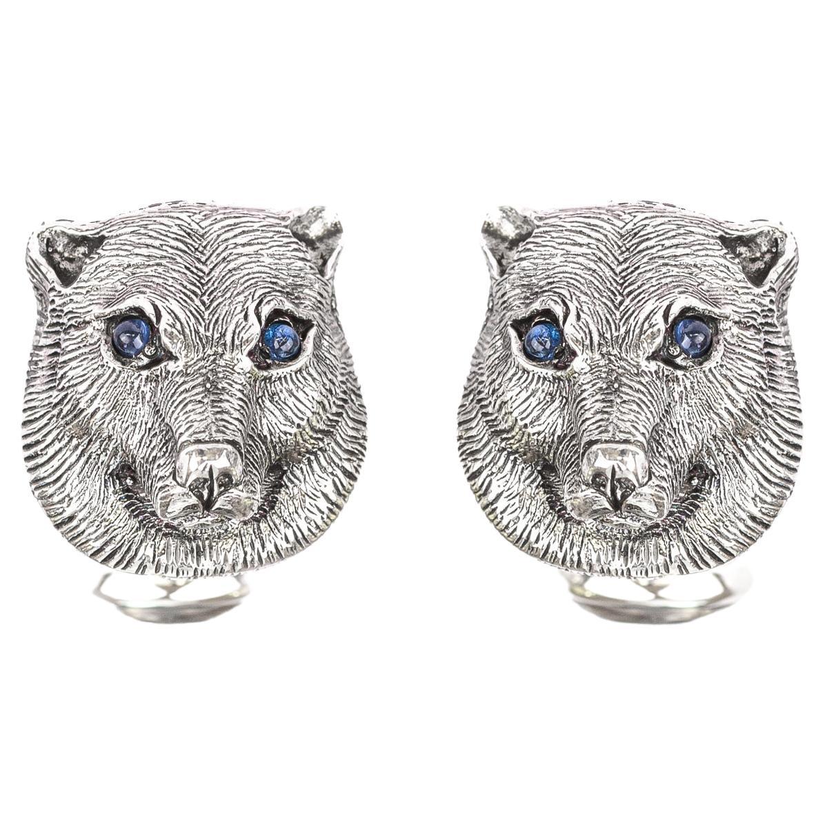 Tichu Blue Sapphire and Crystal Bear Face Cufflink in Sterling Silver ...