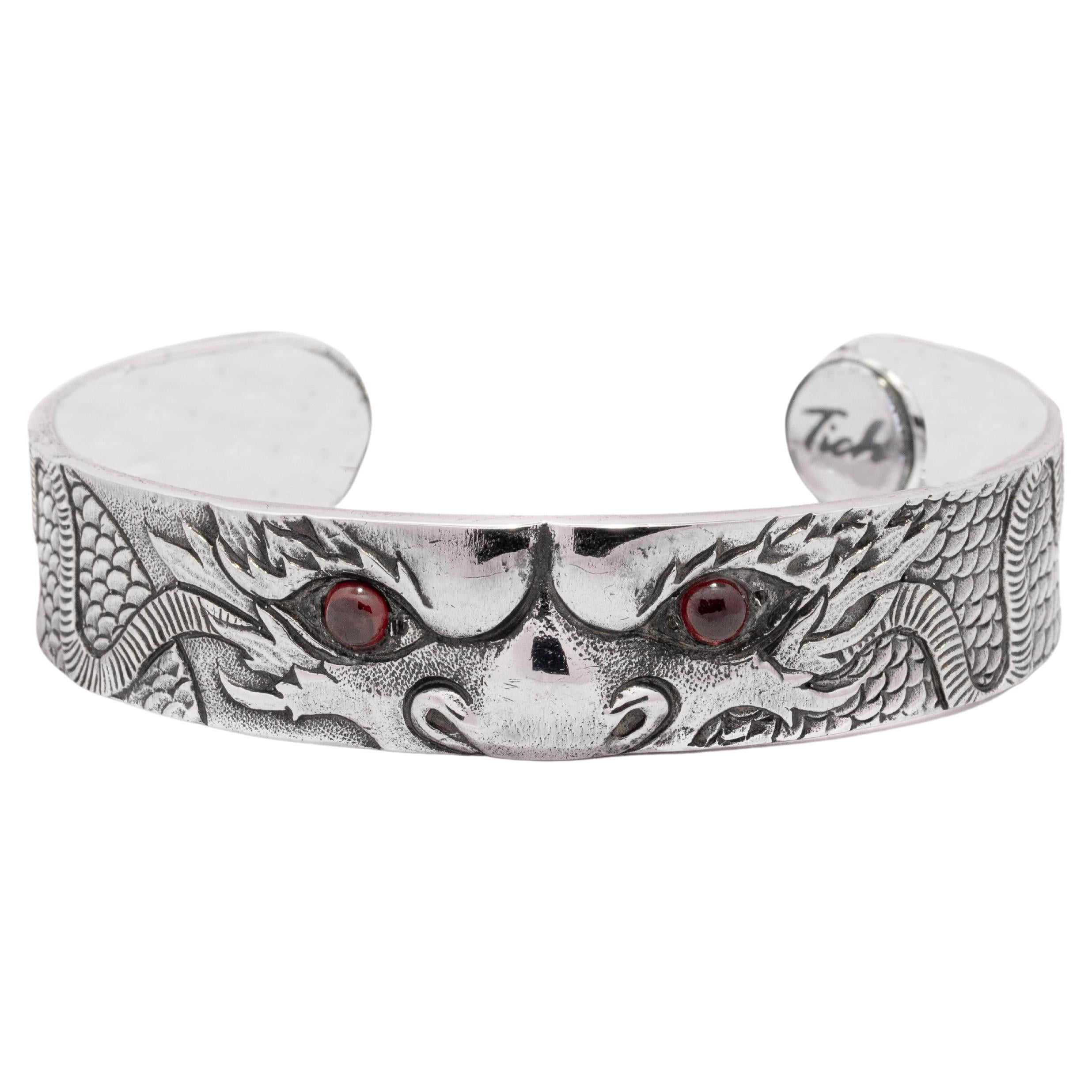 Tichu Garnet Dragon Eye Cuff Sterling Silver and Crystal Quartz Size S ...