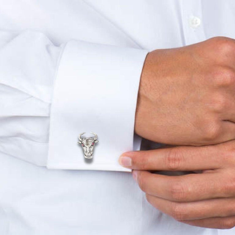 Tichu Ruby and Crystal Bull Face Cufflink in Sterling Silver For Sale ...