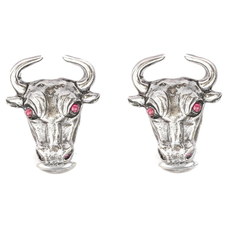 Tichu Ruby and Crystal Bull Face Cufflink in Sterling Silver For Sale ...