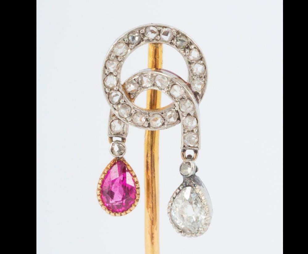 Antique Tie Pin in Platinum with Ruby and Diamond Drop, French circa ...
