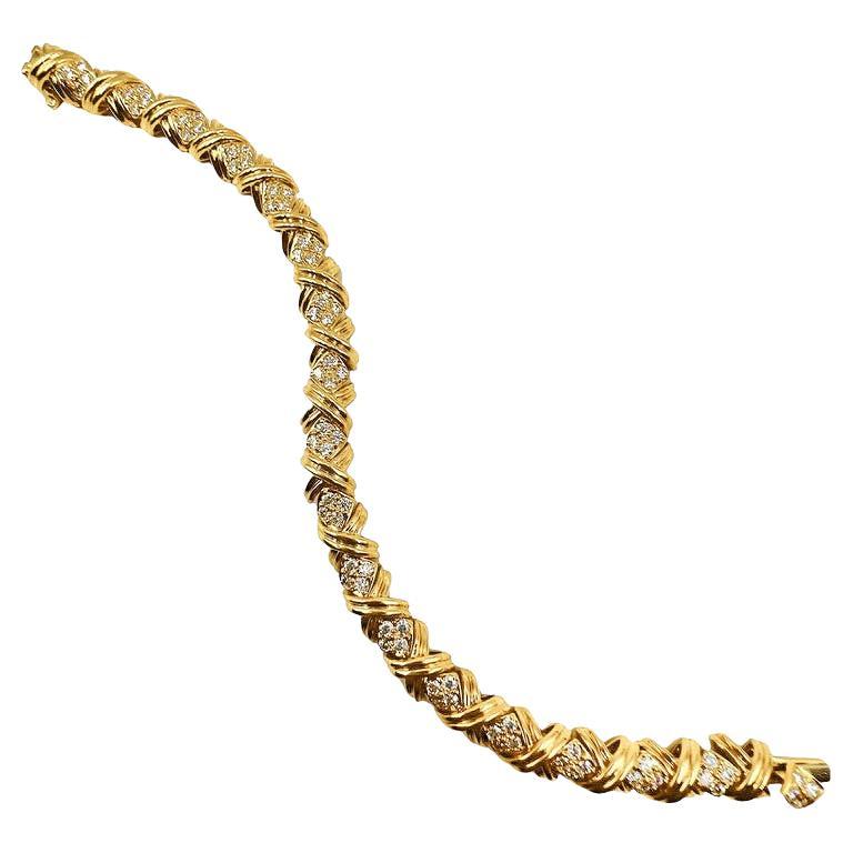 Tiffany 18k Gold Diamond Signature X Link Bracelet For Sale at 1stDibs