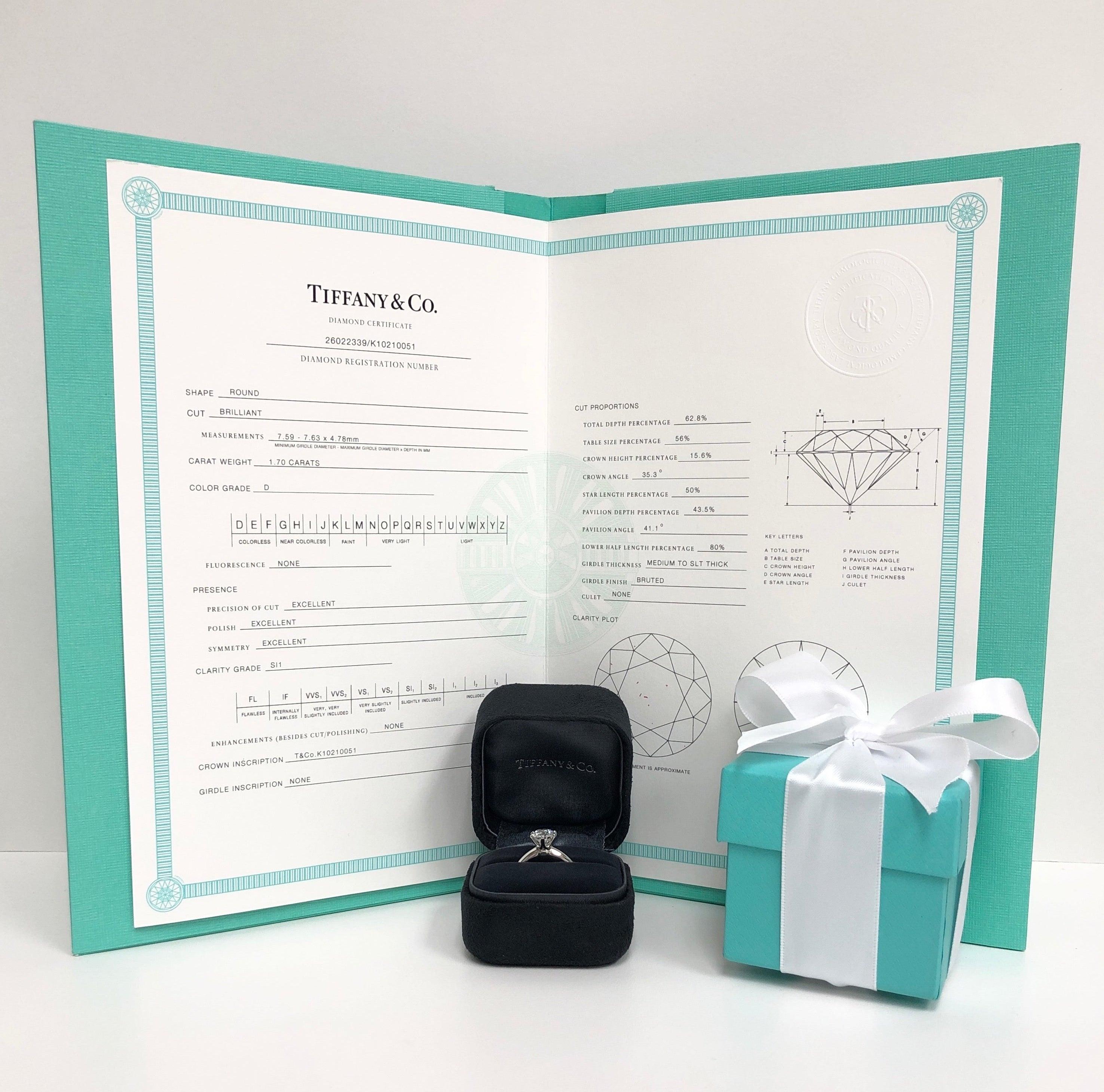 Tiffany and Co. Platinum Diamond Engagement Ring Round 1.70ct DSI1 w ...