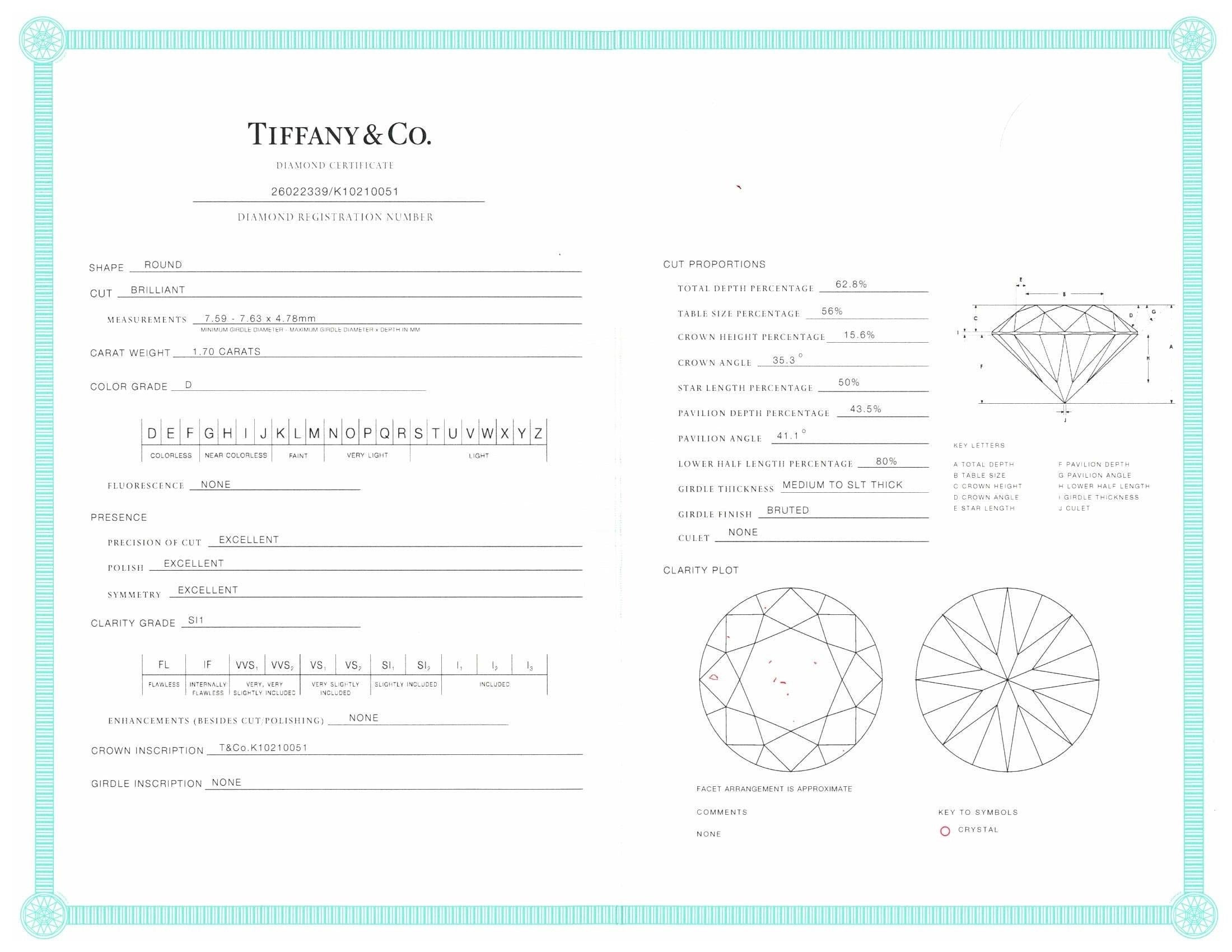 Tiffany and Co. Platinum Diamond Engagement Ring Round 1.70ct DSI1 w ...