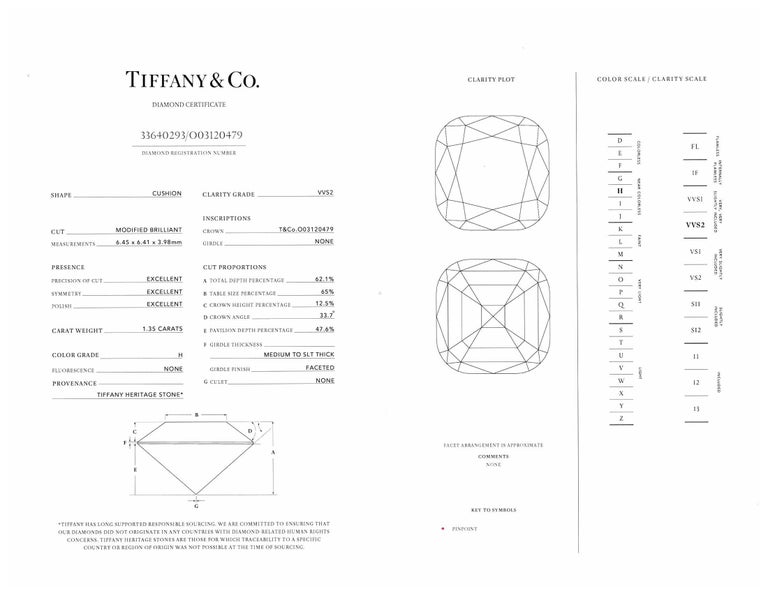 Tiffany and Co. Platinum Legacy Cushion Diamond Engagement Ring 1.77cts ...