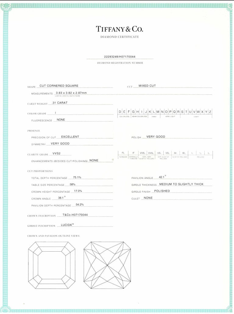 Tiffany and Co. Platinum Lucida Diamond Engagement Ring .31ct IVVS2 w ...