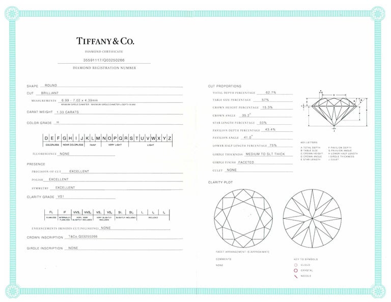 Tiffany and Co. Platinum Solitaire Round Diamond Engagement Ring 1.33 ...