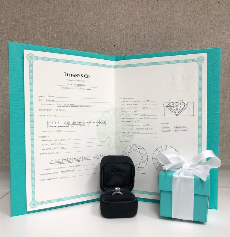 Tiffany and Co. Platinum Solitaire Round Diamond Engagement Ring 1.33 ...