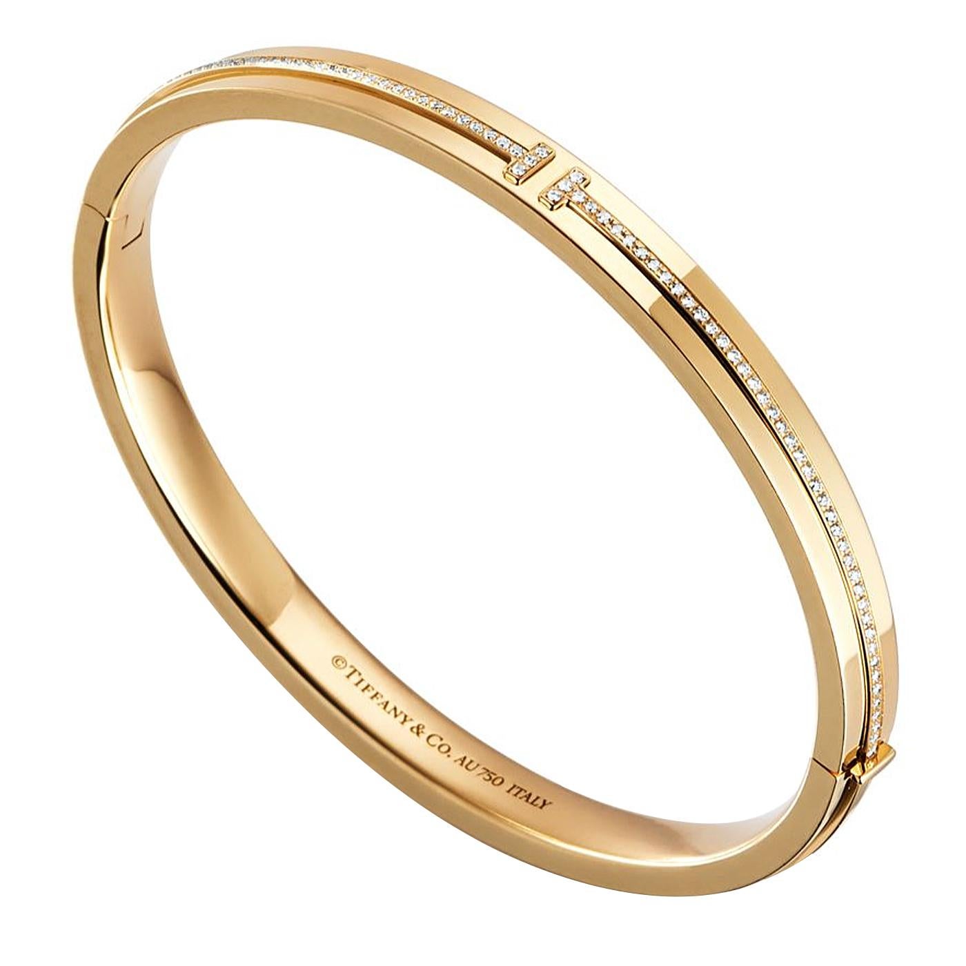 Tiffany and Co 0.73 Carat T Diamond Hinged Bangle 18k Yellow Gold Bracelet For Sale at 1stDibs ...