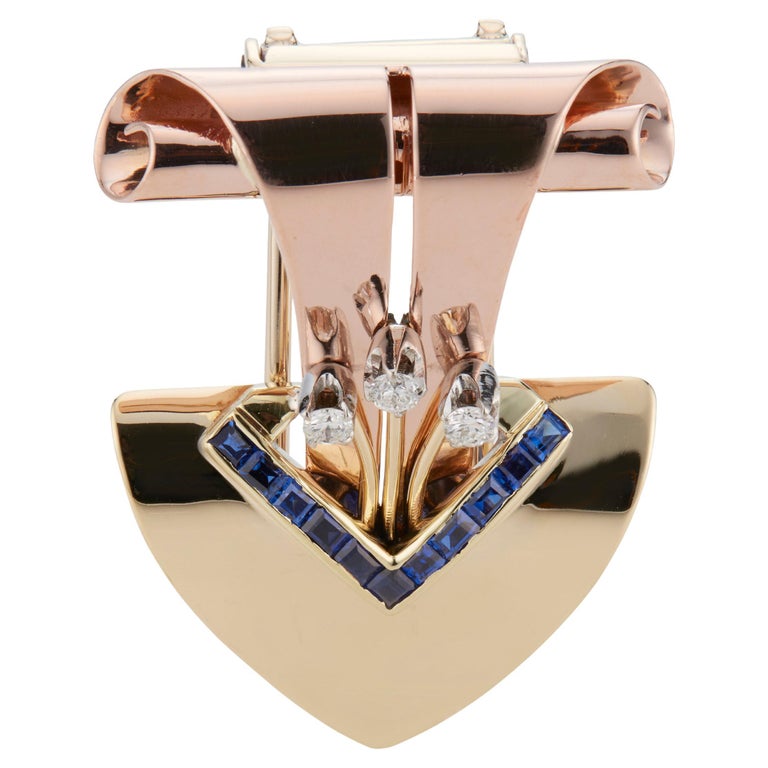 Tiffany and Co .15 Carat Diamond Sapphire Two Tone Gold Brooch For Sale at 1stDibs