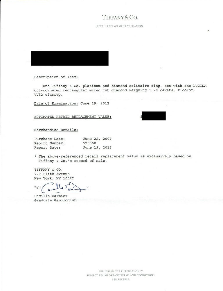 Tiffany and Co. 1.70 Carat Lucida F VVS2 Platinum Diamond Engagement ...