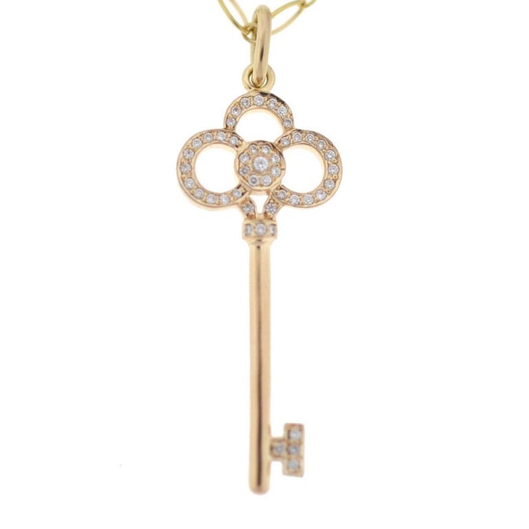 Tiffany and Co. 18 Karat Rose Gold Diamond Crown Key Pendant Necklace ...