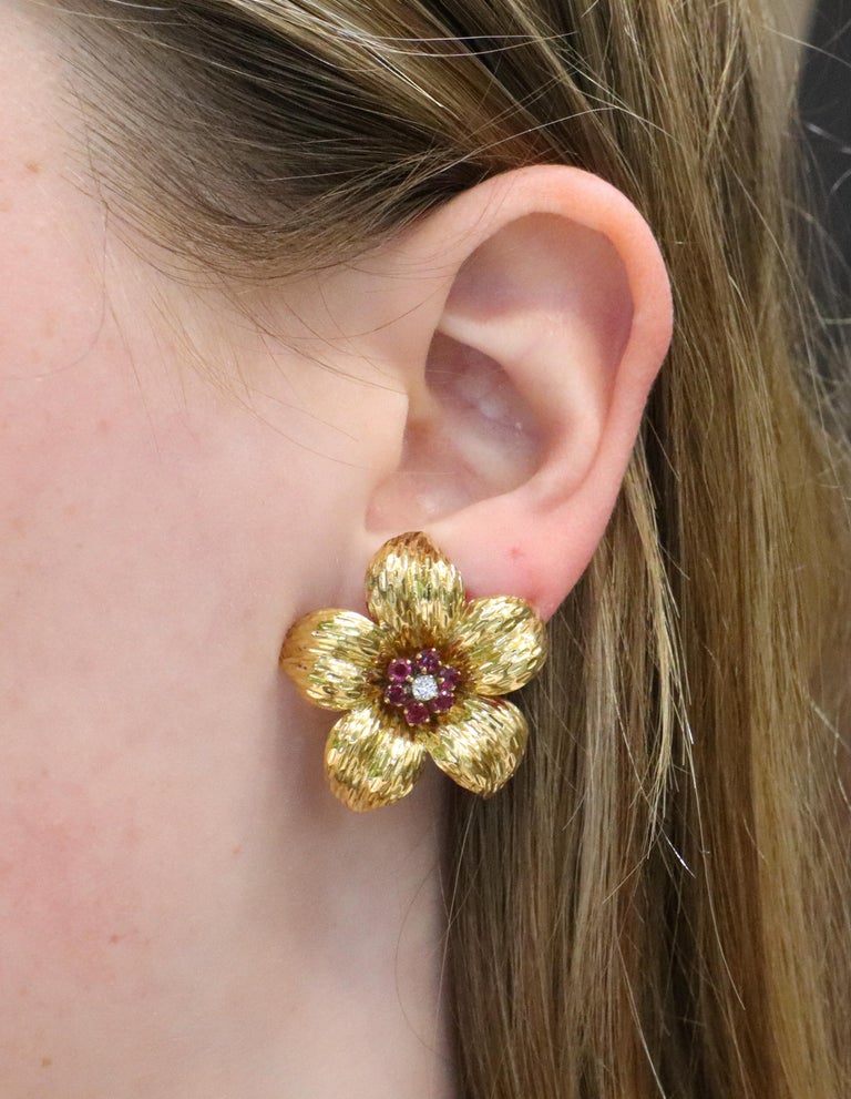 Tiffany and Co. 18 Karat Yellow Gold Diamond and Ruby Flower Earrings ...