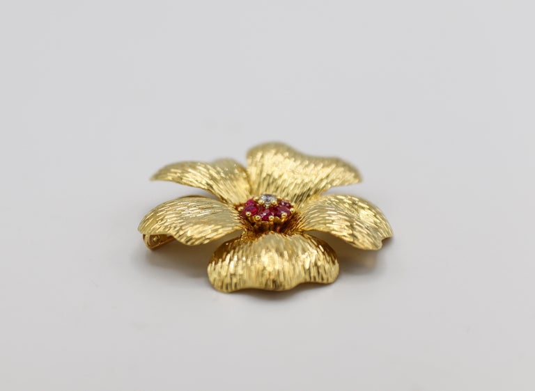 Tiffany and Co. 18 Karat Yellow Gold Diamond and Ruby Flower Pin Brooch at 1stDibs