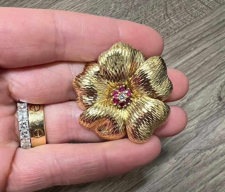 Tiffany and Co. 18 Karat Yellow Gold Diamond and Ruby Flower Pin Brooch at 1stDibs