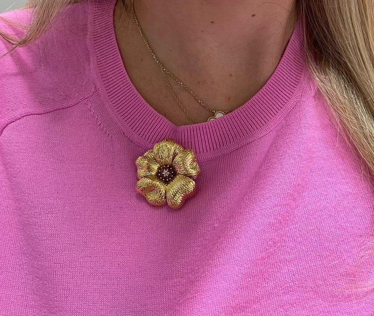 Tiffany and Co. 18 Karat Yellow Gold Diamond and Ruby Flower Pin Brooch at 1stDibs