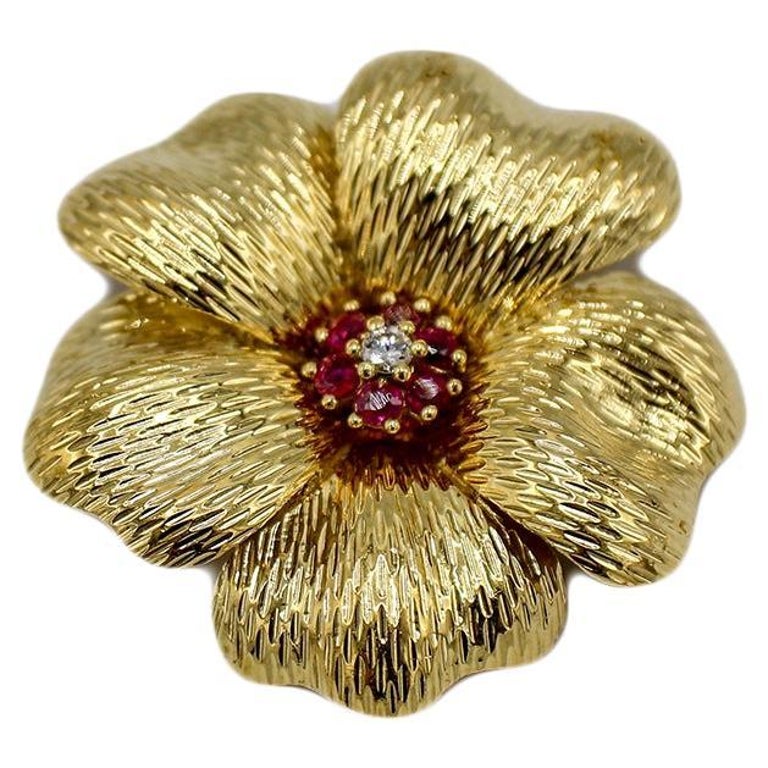 Tiffany and Co. 18 Karat Yellow Gold Diamond and Ruby Flower Pin Brooch at 1stDibs