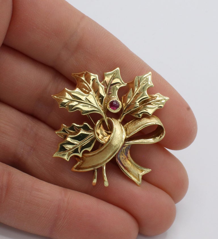 Tiffany and Co. 18 Karat Yellow Gold Holly Leaf Ruby Ribbon Pin Brooch ...