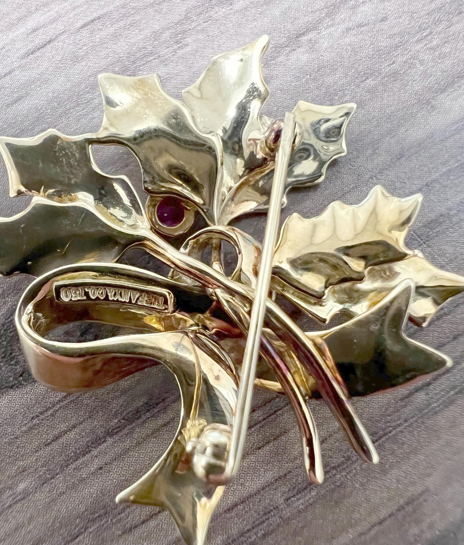Tiffany and Co. 18 Karat Yellow Gold Holly Leaf Ruby Ribbon Pin Brooch ...