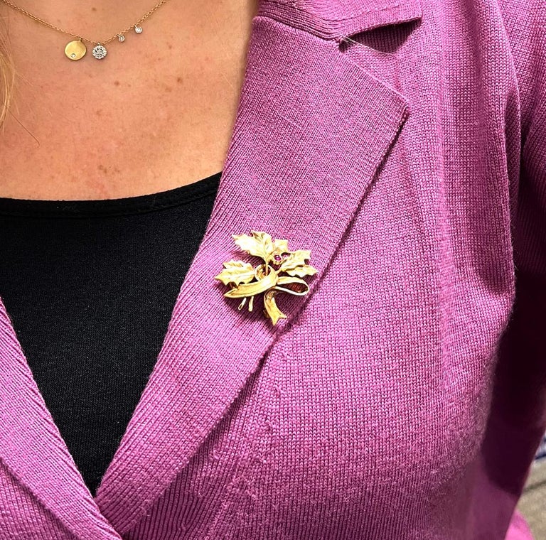 Tiffany and Co. 18 Karat Yellow Gold Holly Leaf Ruby Ribbon Pin Brooch ...