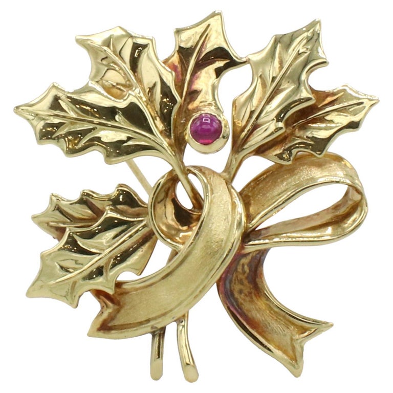 Tiffany and Co. 18 Karat Yellow Gold Holly Leaf Ruby Ribbon Pin Brooch ...