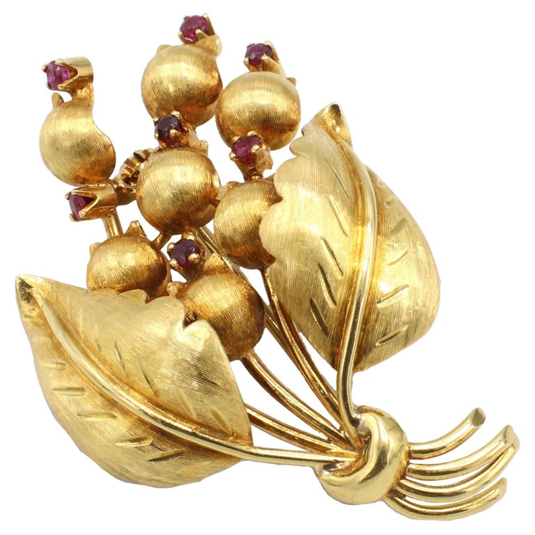 Tiffany and Co. 18 Karat Yellow Gold Ruby Flower Brooch Pin For Sale at ...