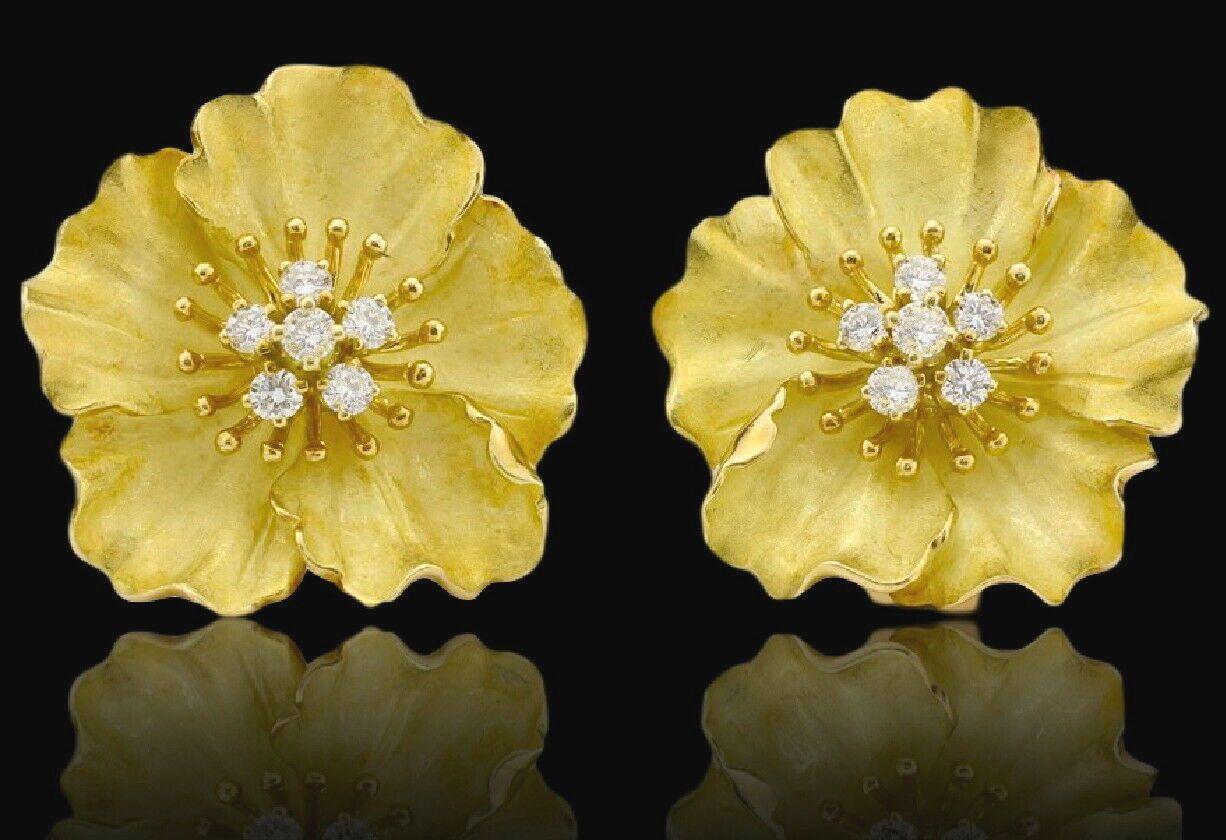 TIFFANY and Co. 18K Gold Diamond Alpine Rose Clip-on Earrings For Sale ...