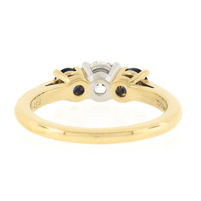 Tiffany and Co. 18k Gold Plat 0.95ct Round Prong Diamond Sapphire Three Stone Ring For Sale at ...