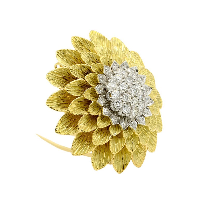 Tiffany and Co. 18k Gold and Platinum Diamond Sunflower Brooch at 1stDibs