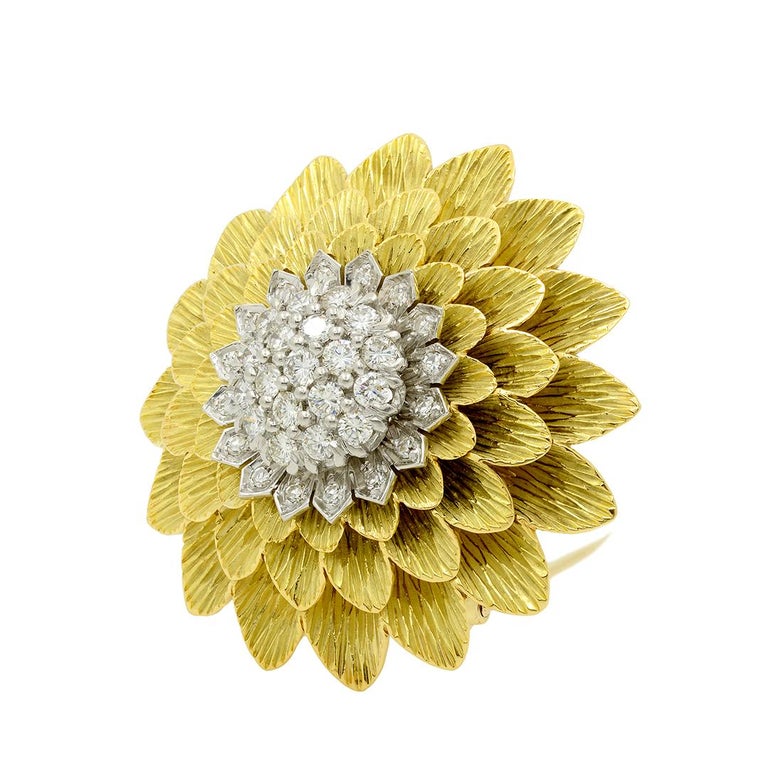 Tiffany and Co. 18k Gold and Platinum Diamond Sunflower Brooch at 1stDibs