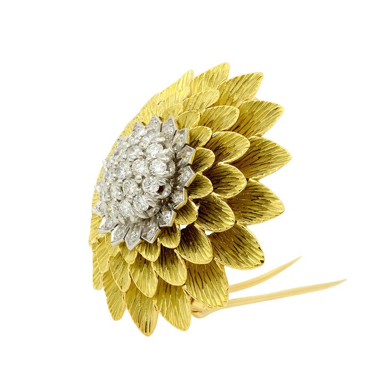 Tiffany and Co. 18k Gold and Platinum Diamond Sunflower Brooch at 1stDibs