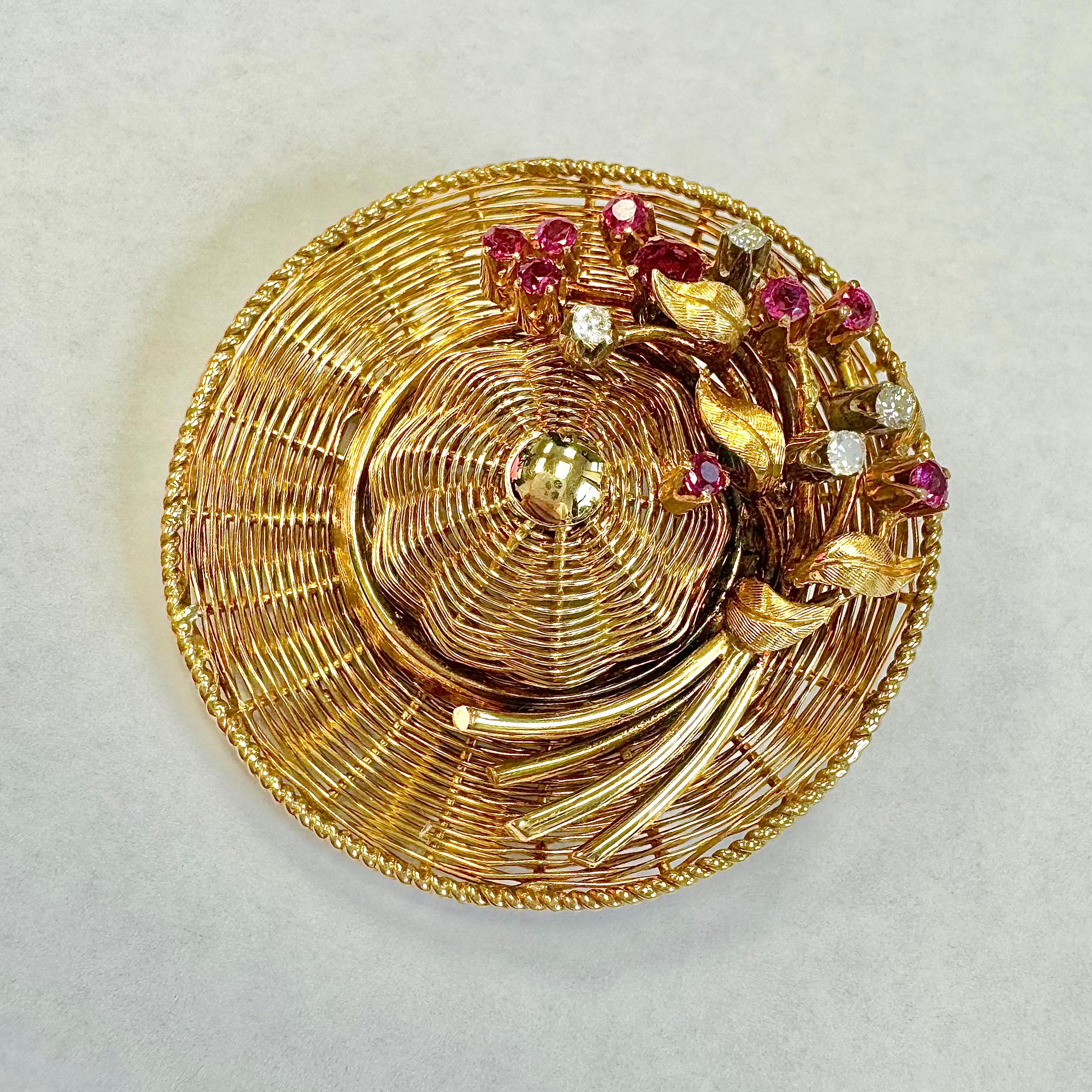 TIFFANY and CO., 18K Gold, Ruby and Diamond Brooch For Sale at 1stDibs