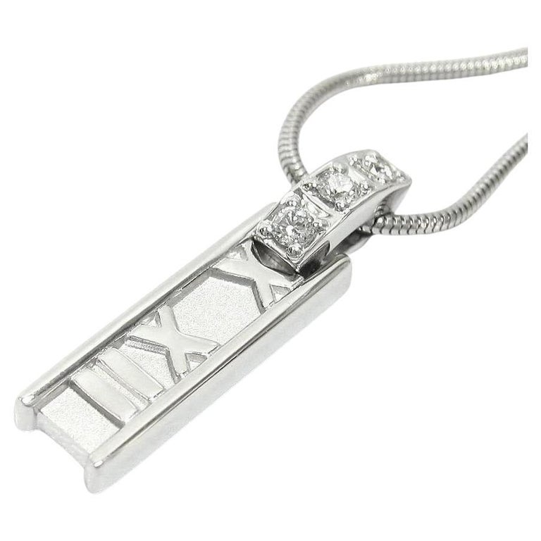 TIFFANY and Co. 18K White Gold 3 Diamond Atlas Bar Pendant Necklace For ...
