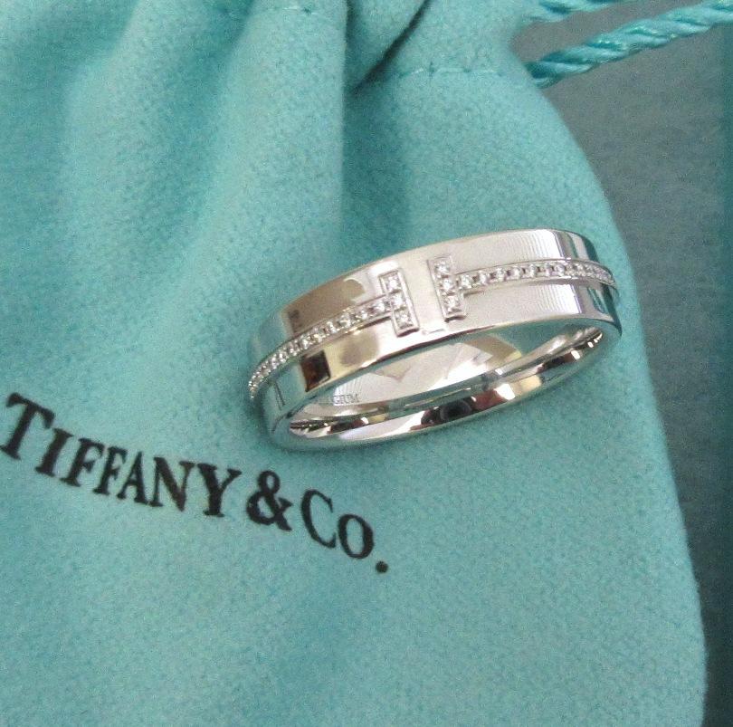 Tiffany and Co. 18k White Gold Diamond T Ring 8 For Sale at 1stDibs