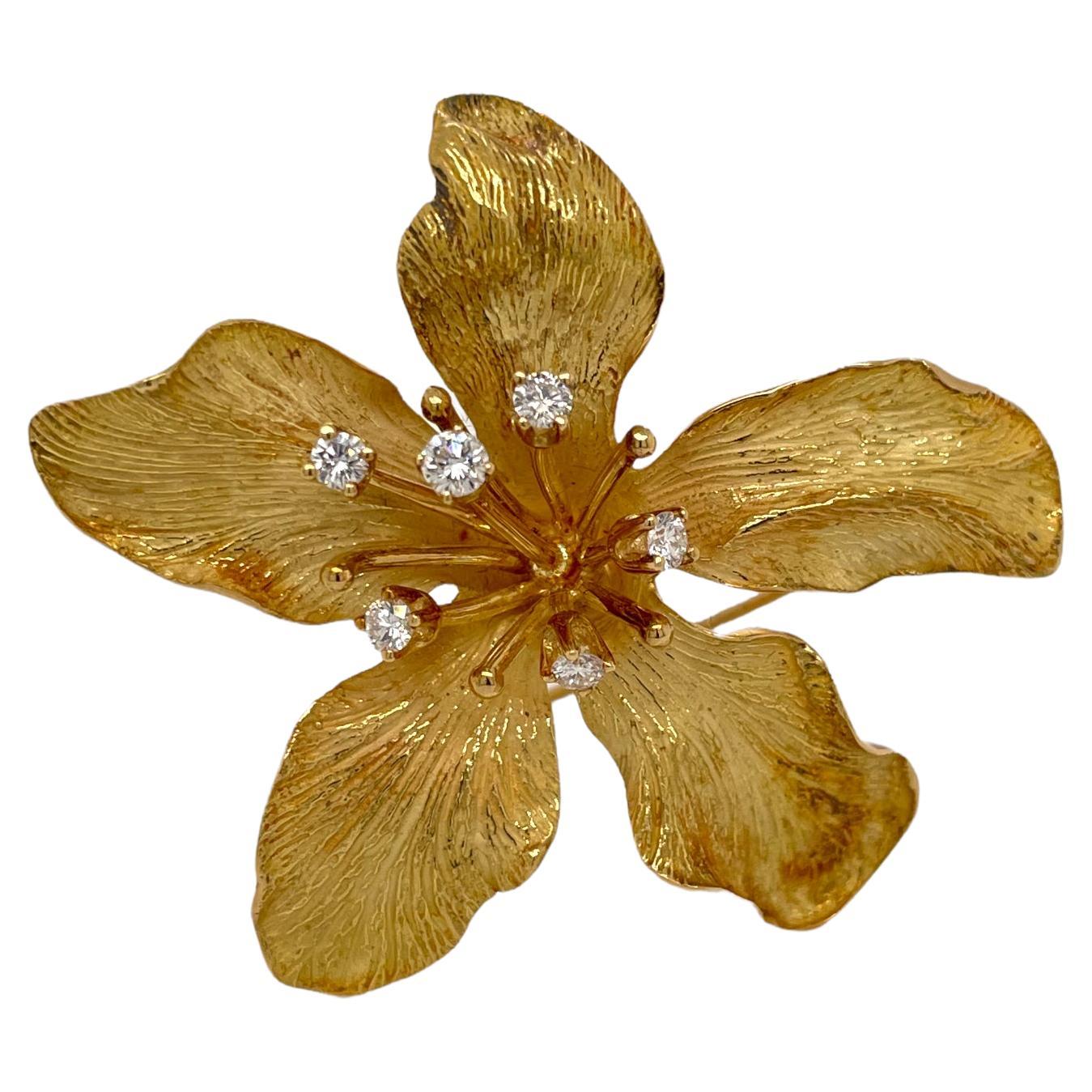 Tiffany and Co. 18 Karat Yellow Gold Diamond Sculpture Orchid Brooch Pin at 1stDibs