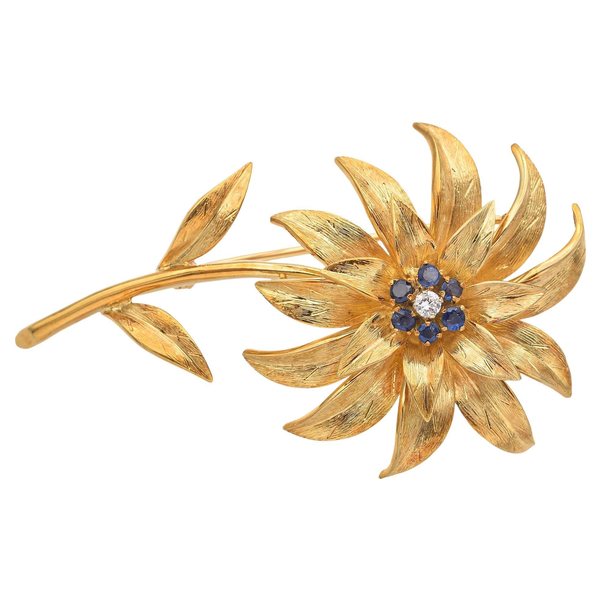 Tiffany and Co. 18K Yellow Gold Diamond and Sapphire Flower Brooch at ...