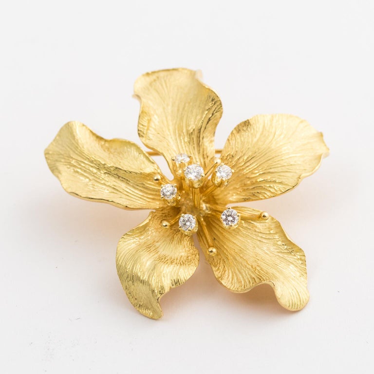 Tiffany and Co. 18 Karat Yellow Gold Diamond Sculpture Orchid Brooch ...