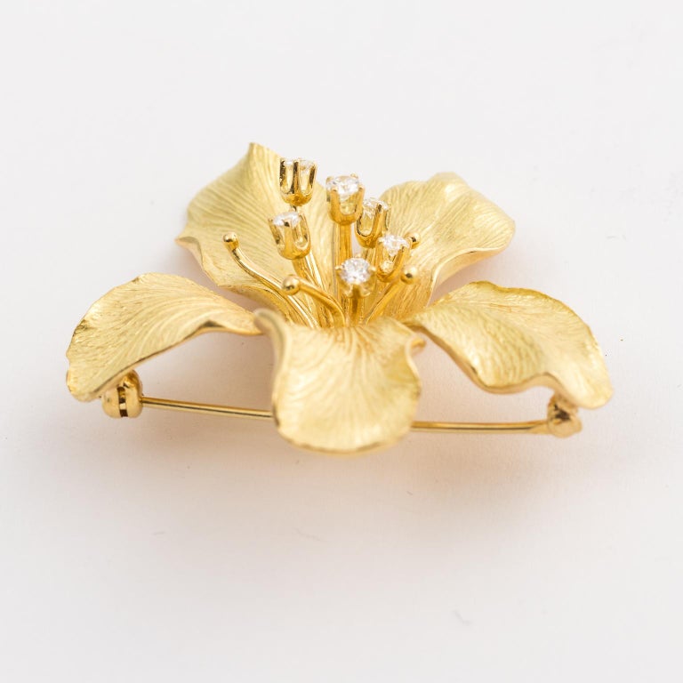 Tiffany and Co. 18 Karat Yellow Gold Diamond Sculpture Orchid Brooch ...