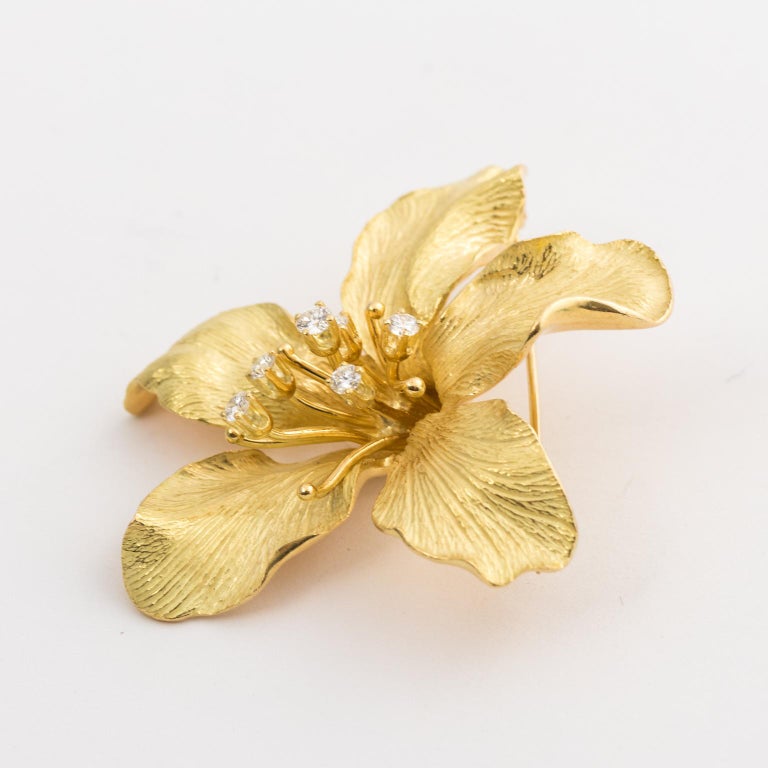 Tiffany and Co. 18 Karat Yellow Gold Diamond Sculpture Orchid Brooch ...