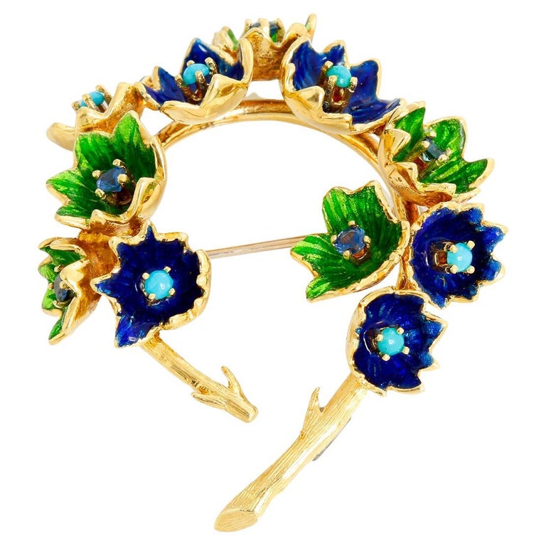 Tiffany and Co .18K Yellow Gold Enamel Flower Brooch at 1stDibs