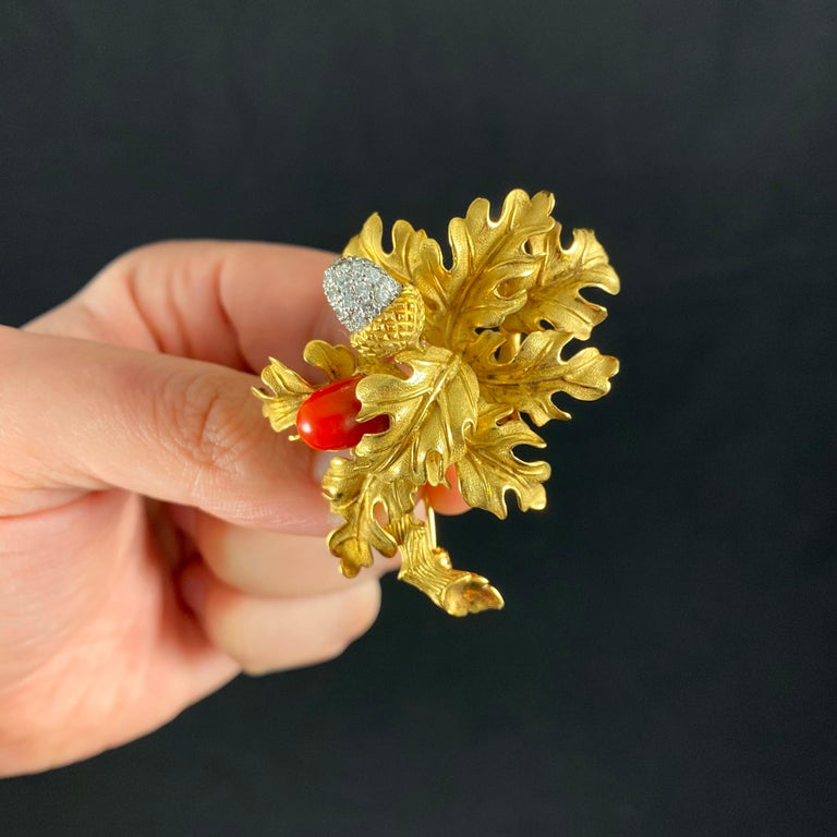 Tiffany and Co. 1960s Coral Diamond Acorn Floral Brooch Yellow Gold ...