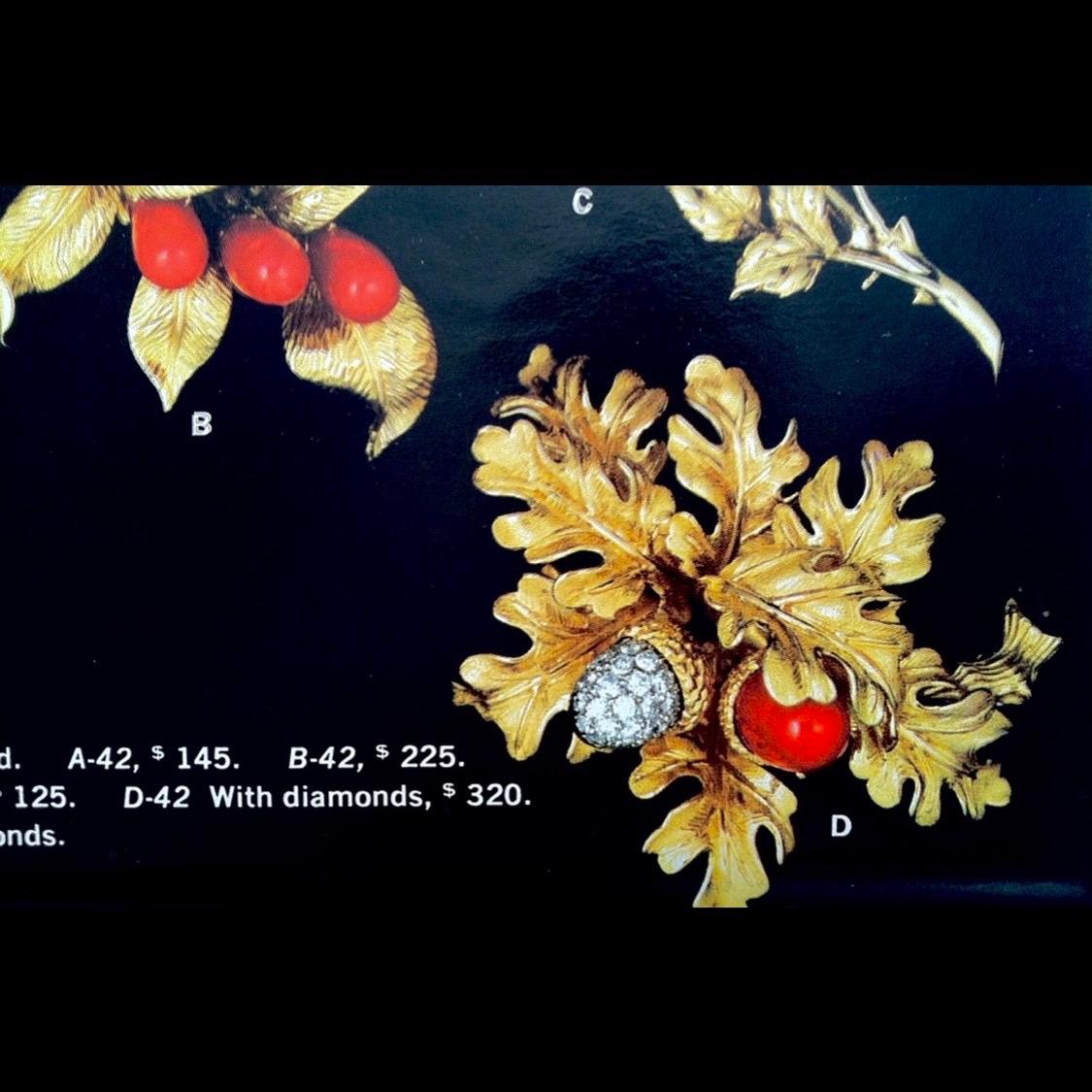 Tiffany and Co. 1960s Coral Diamond Acorn Floral Brooch Yellow Gold ...