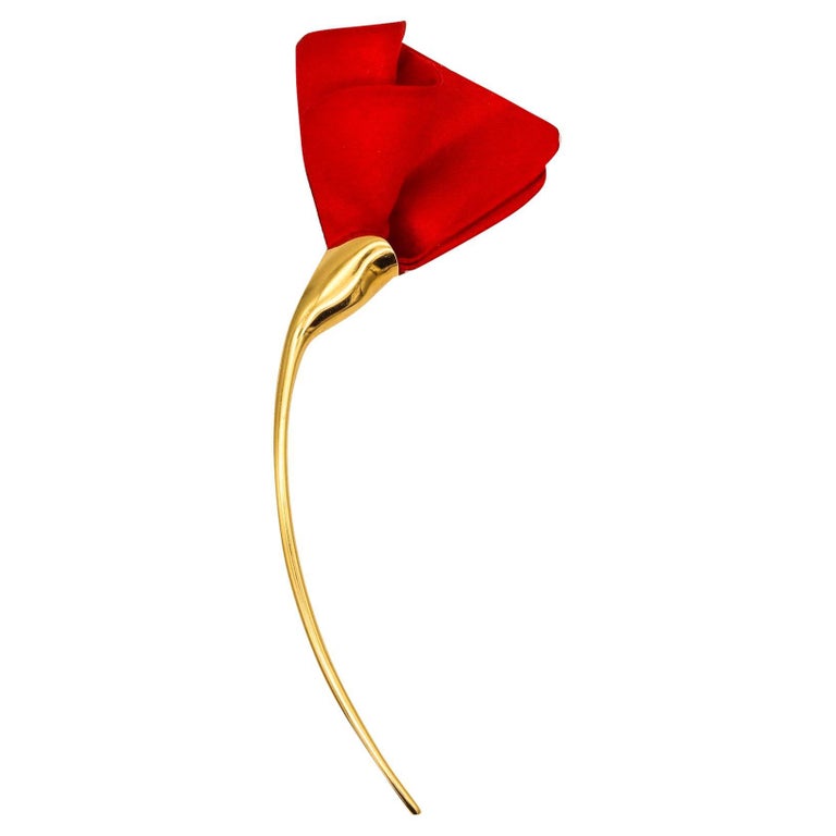 Tiffany and Co. 1981 Elsa Peretti Red Flower Brooch In 18Kt Yellow Gold ...