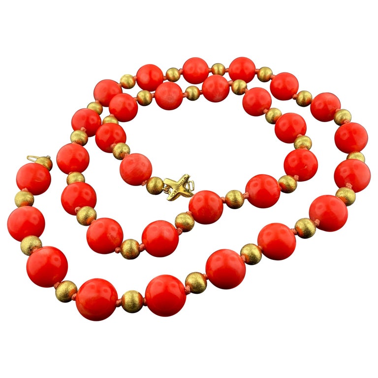 Tiffany and Co. Coral and 14KT Yellow Gold bead Necklace For Sale at ...