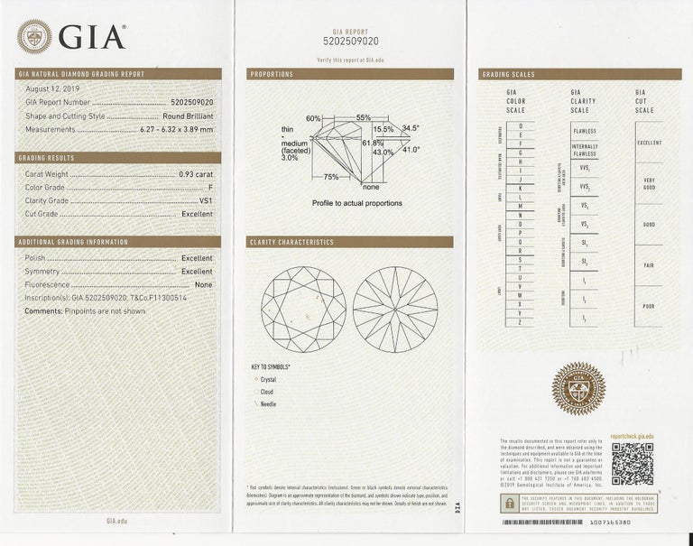 Tiffany and Co. .93 Carat Round Brilliant Cut Diamond Engagement Ring ...
