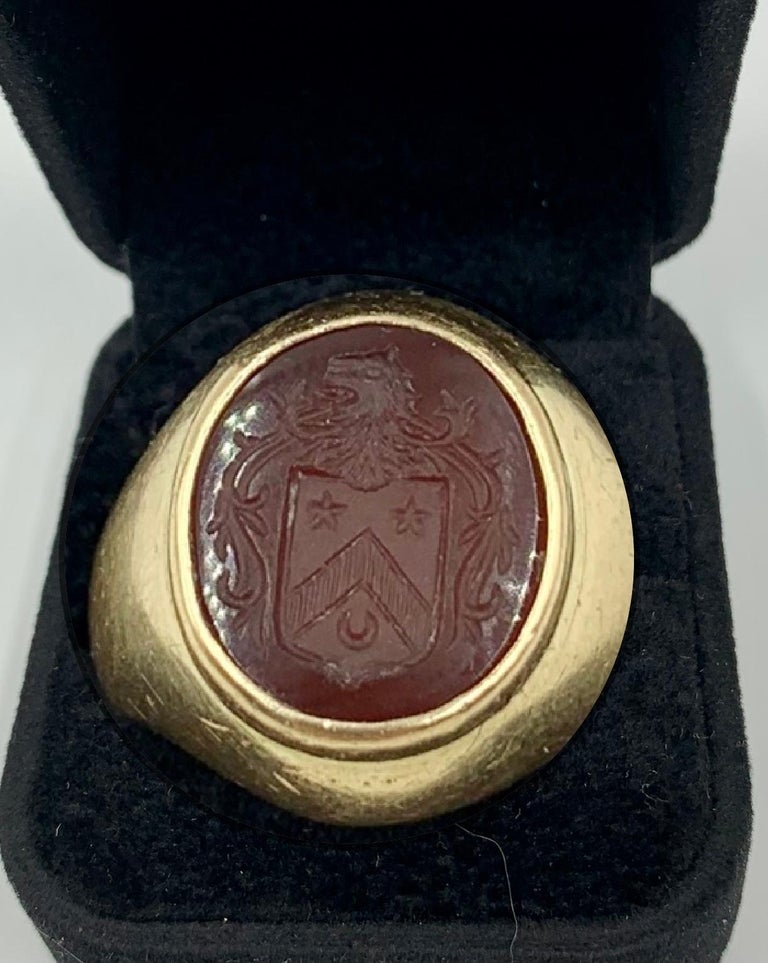 Tiffany and Co. Antique 14K Yellow Gold Carnelian Intaglio Crest Signet Ring For Sale at 1stDibs