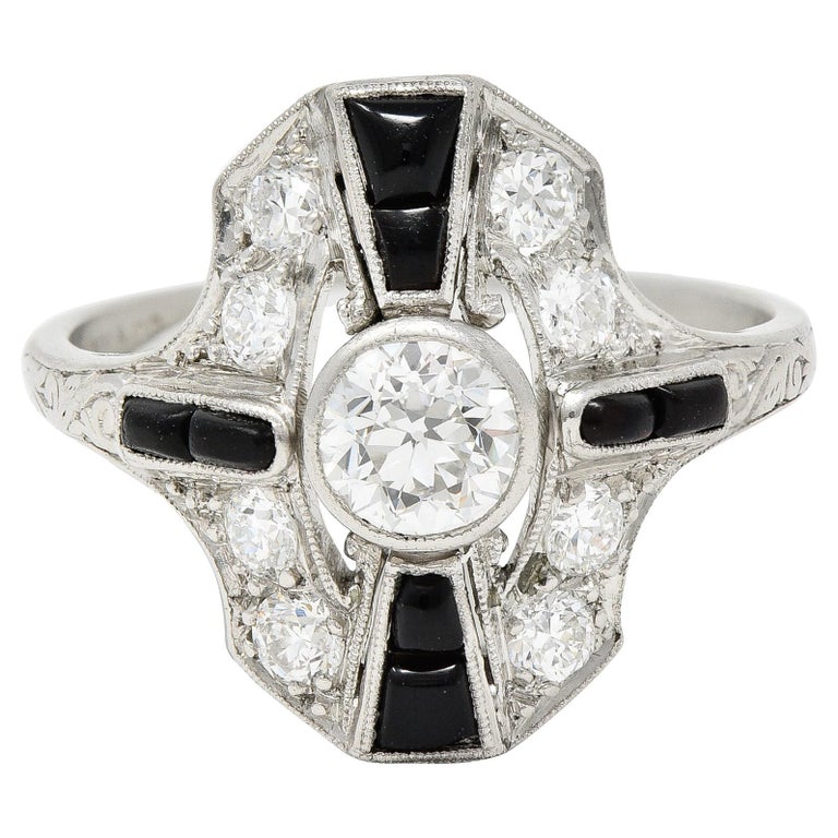 Tiffany and Co. Art Deco Old European Cut Diamond Onyx Platinum Shield Scroll Ring For Sale at ...
