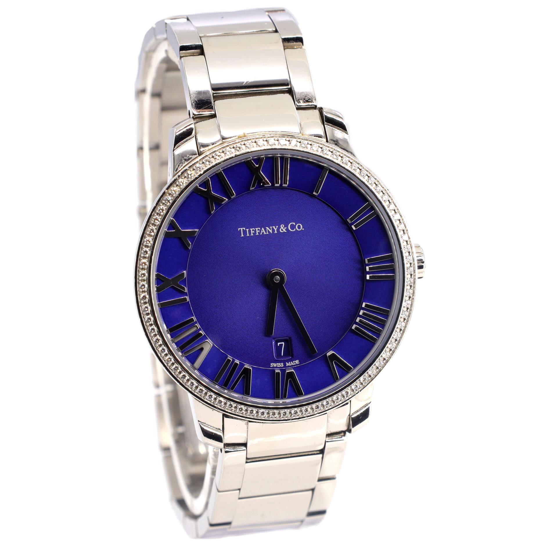 Tiffany and Co. Atlas 2-Hand Quartz Watch Stainless Steel with Diamond Bezel 31 For Sale at 1stDibs