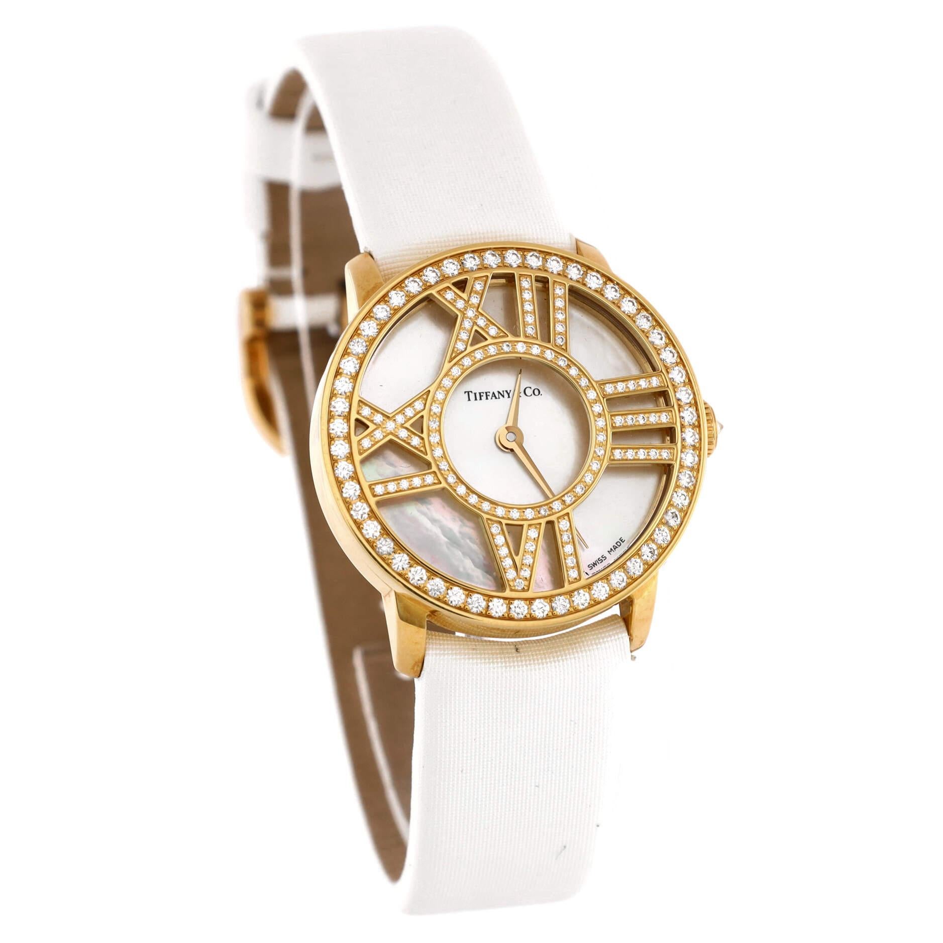 Tiffany and Co. Atlas Cocktail Round Quartz Watch Yellow Gold and Satin ...